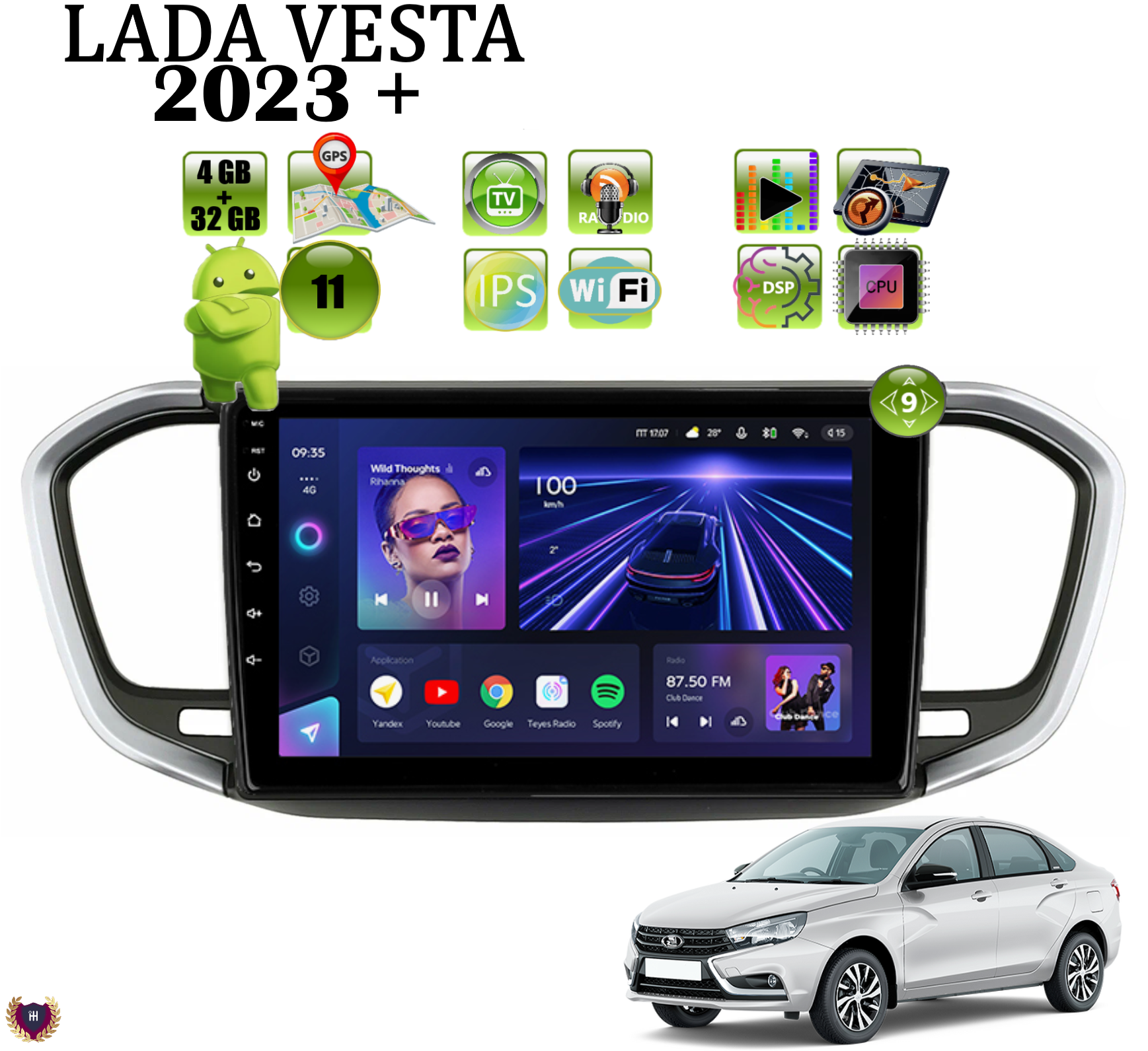 Автомагнитола для Lada Vesta (2023 +), Android 11, 4/32 GB, CarPlay, GPS, Bluetooth, WiFi, IPS экран, FM, сенсорные кнопки, поддержка кнопок на руле