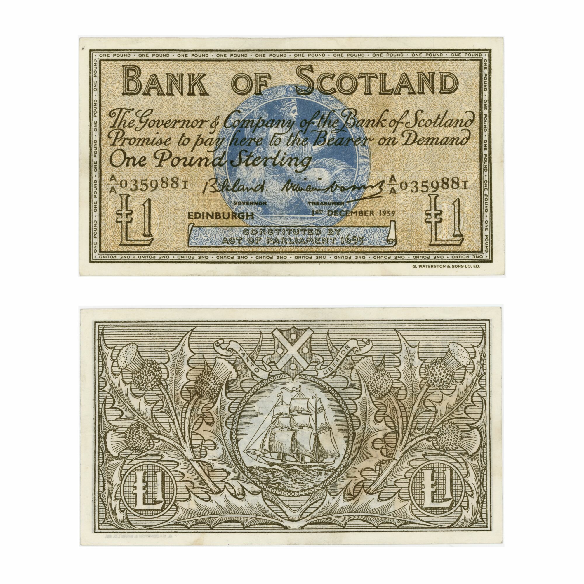 Банкнота Шотландия 1 фунт ONE POUND 1959 год Very Fine (VF) Pick 100