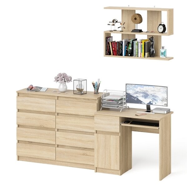 Стол компьютерный Мори МС-1 левый + Комод МК1200.8 + Полка 900, цвет дуб сонома