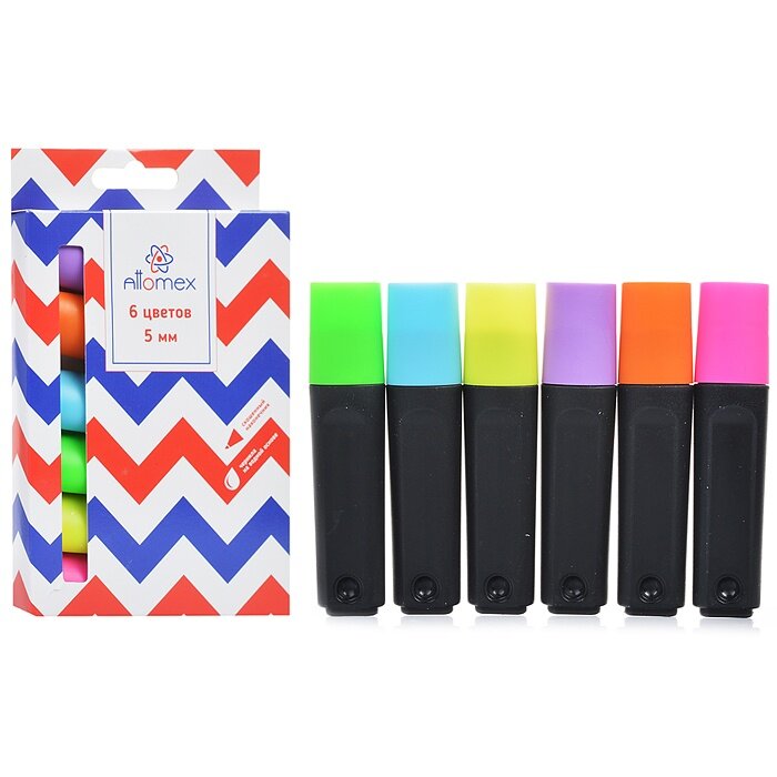 Маркеры-выделители deVENTE "Attomex", 6 цветов, желтый, зеленый, голубой, розовый, оранжевый, сиреневый, плоский корпус