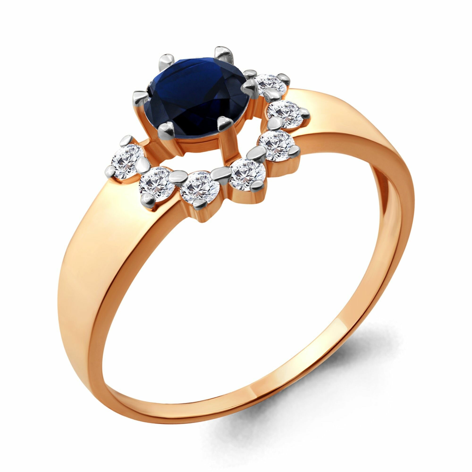 Кольцо, серебро, 925 проба, золочение, сапфир синтетический, фианит
