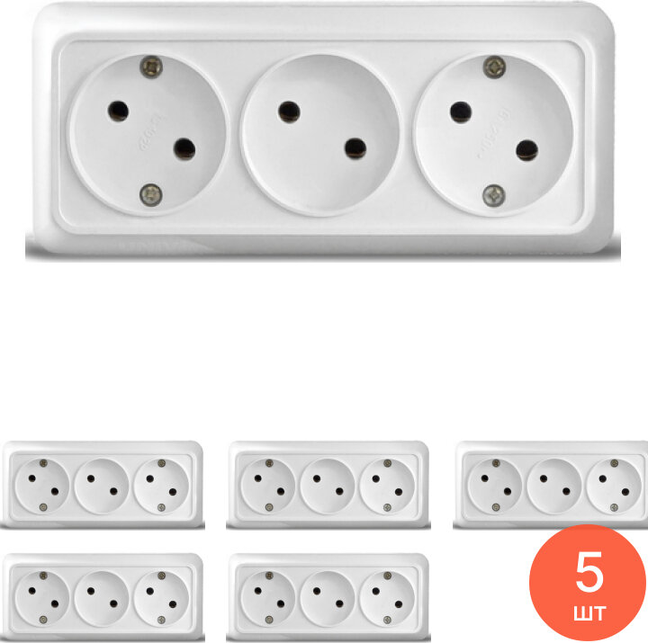 Розетка силовая штепсельная UNIVersal / Юниверсал Олимп 16А 220В ОП белая, 3-местная без заземляющих контактов, 1160 / электрооборудование (комплект из 5 шт)