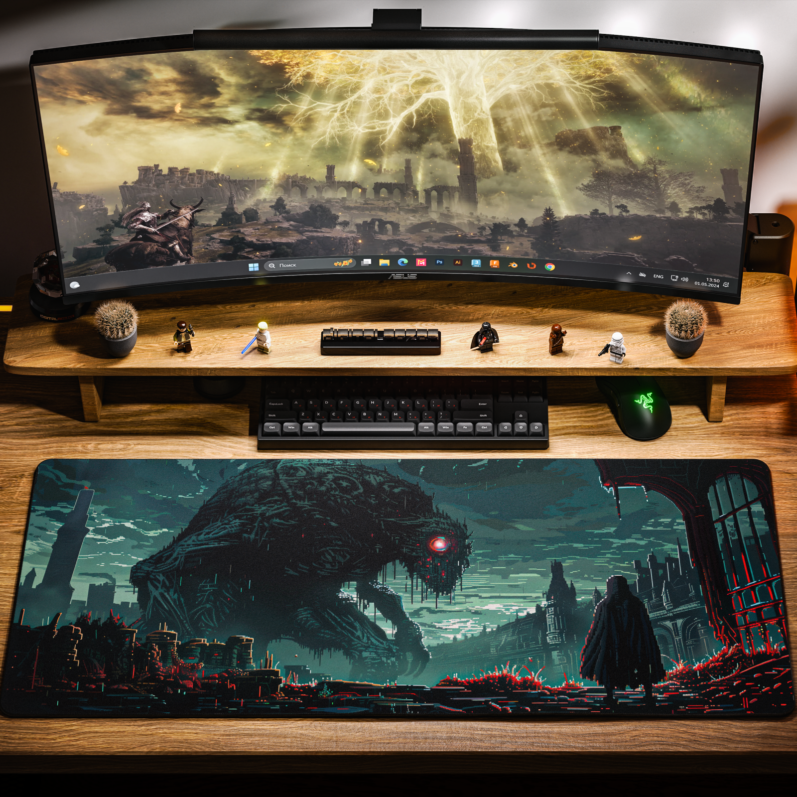 Игровой коврик для мыши DigitalRazor Elden Ring pixel Green 900x400x4mm, зелёный, чёрный