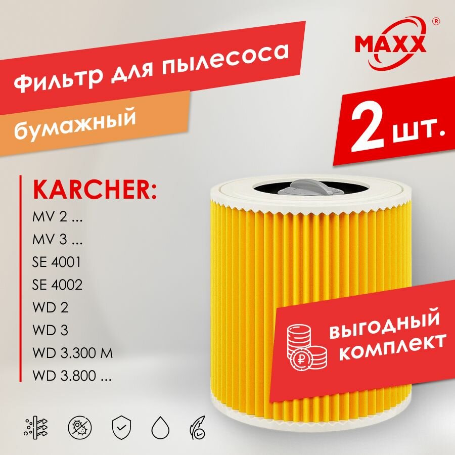 Патронный фильтр PRO KFI 3310 бумажный для Karcher WD 2, WD 3, KWD 1 KWD 3, SE 4001 и SE 4002 (2.863-303.0) 2 шт.