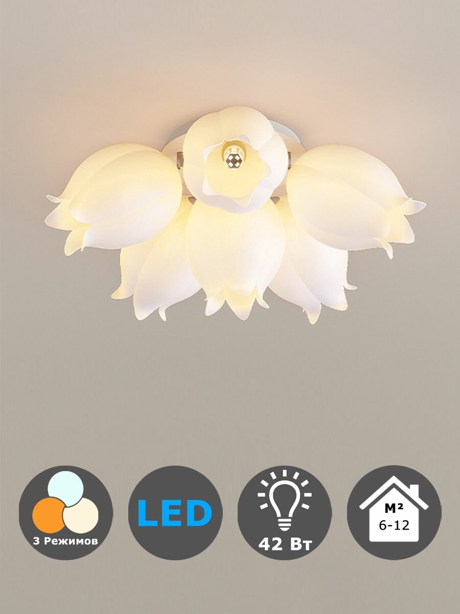 Потолочный светильник, Люстра потолочная светодиодные, стиль прованс, диммируемые лампы, акрил цветы абажур, 3 режима 3000K-4500K-6000K, "Yitang-8052"