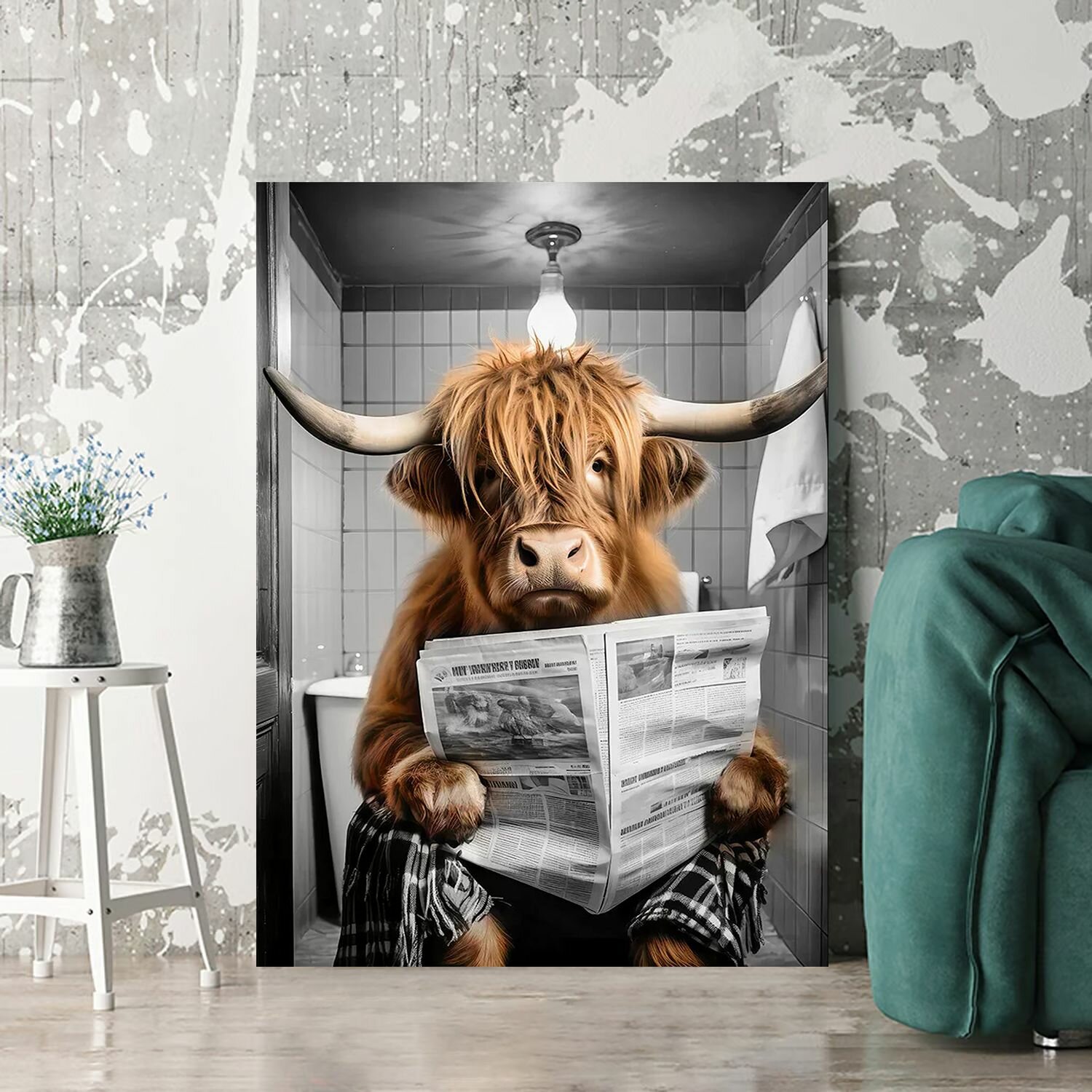 Картина в туалет, ванную комнату Бык читает газету, 60х80 см.