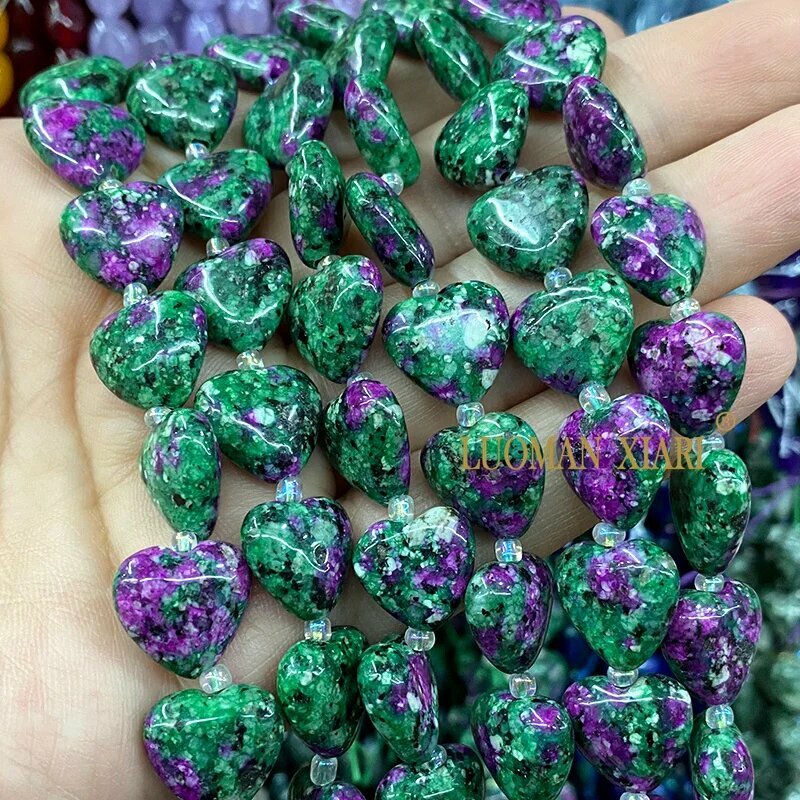 Бусины LUOMAN XIARI сердечки из камня 14-15 мм Изумрудный, 14-15mm 10-11pcs, Epidote