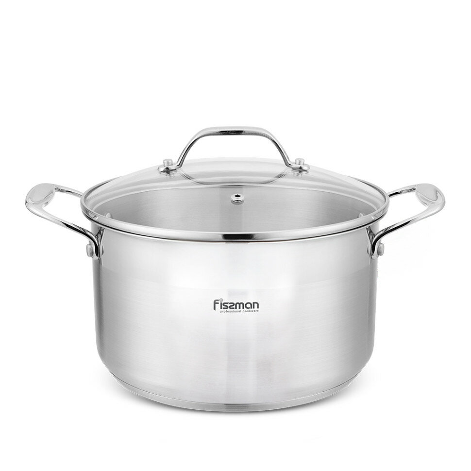 5479 FISSMAN Кастрюля PLATINO 5,7л / 24x13,5 см с крышкой (нерж. сталь) Ручки-нерж. сталь; Крышка-стекло; Индукция; Термоаккумулирующее многослойное дно.
