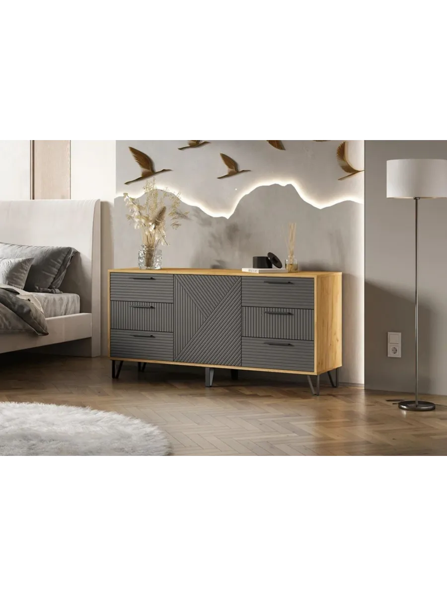 Комод Эталон Флэш 150*73*42.6 Браш Графит /Дуб Крафт на ножках, МДФ, толкатели, ручки металл