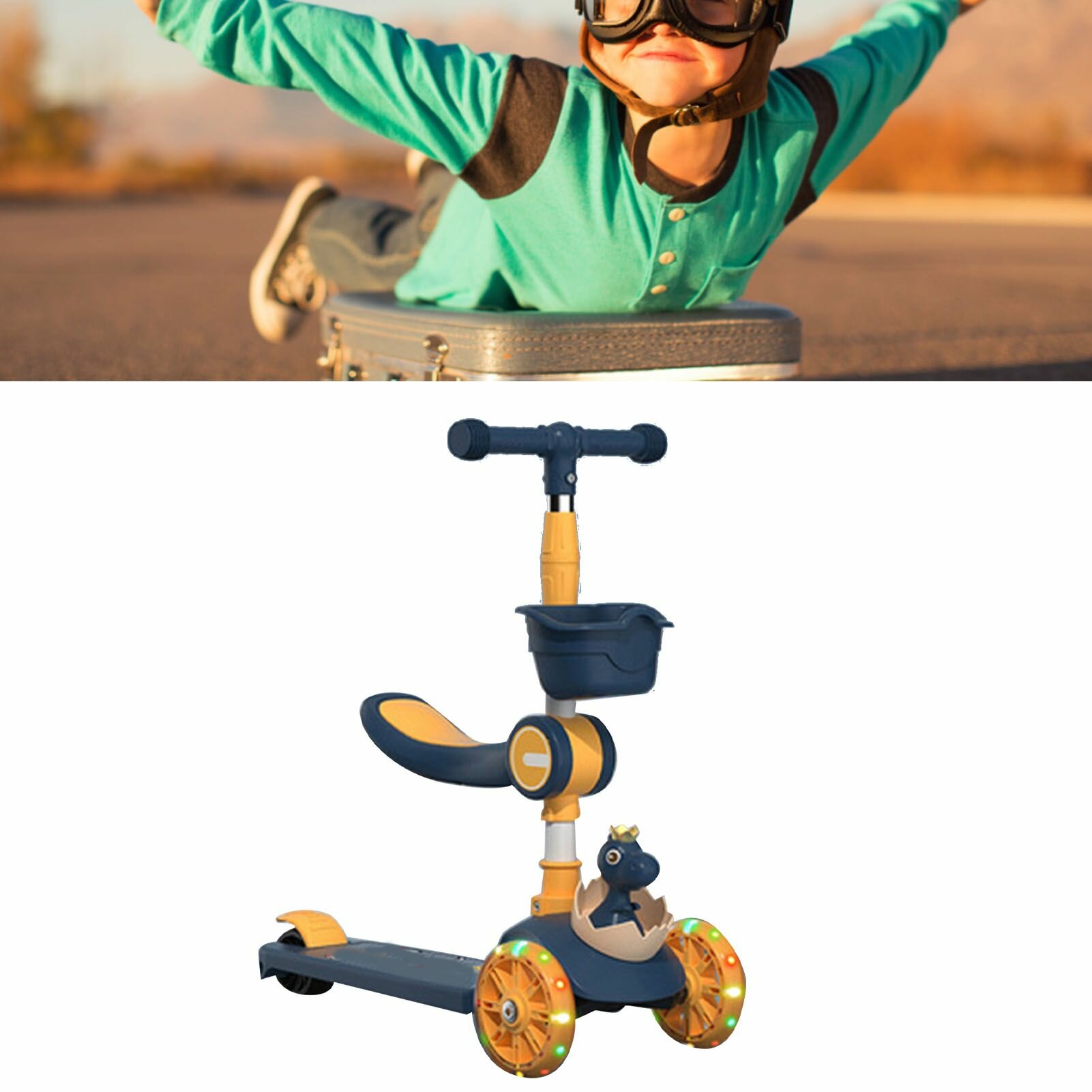 Детский самокат 3 в 1, складной, с регулируемой высотой, 3-колесный самокат с сиденьем, мигающим колесом для мальчиков и девочек, синий