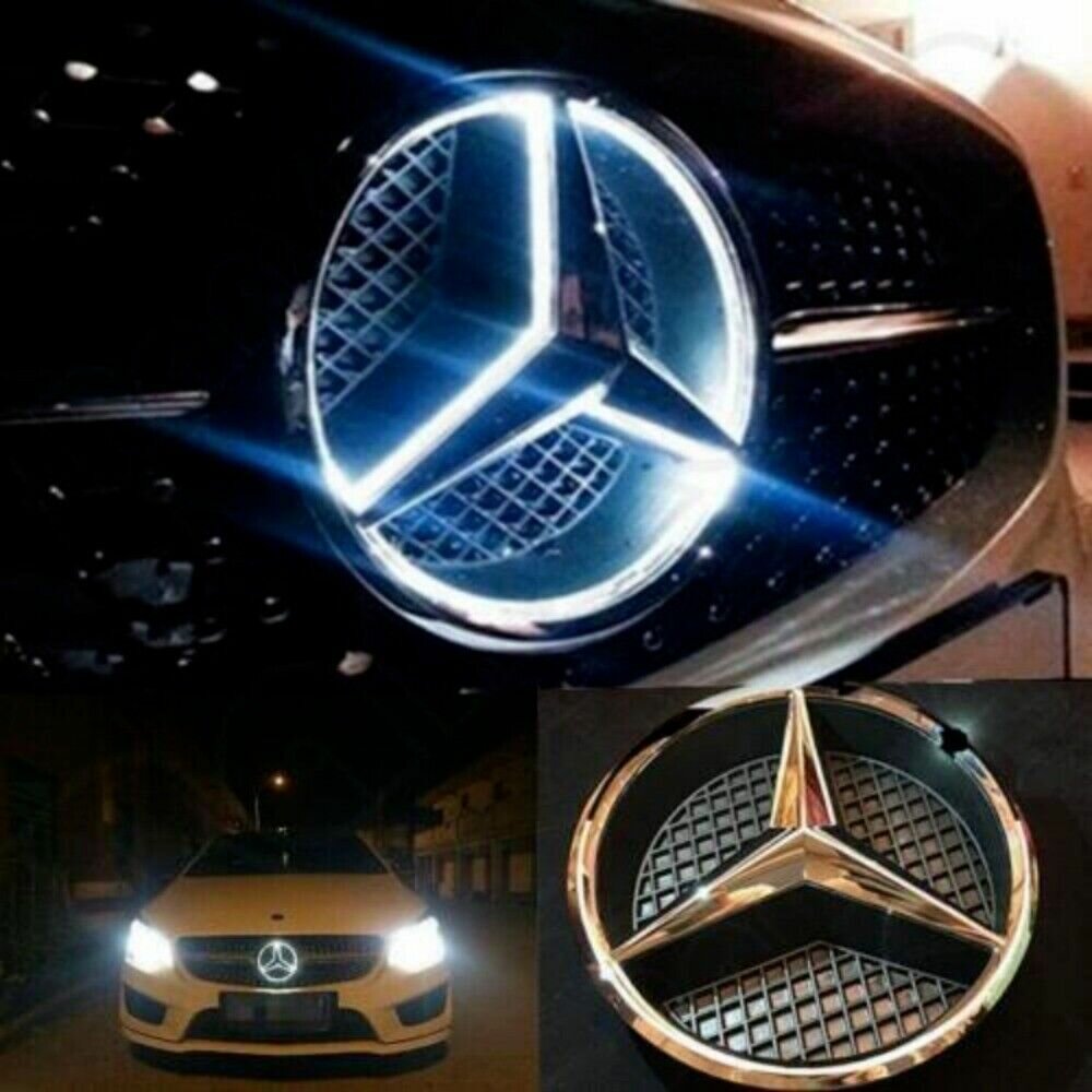 Светящаяся эмблема Mercedes-Benz для решетки радиатора — подсветка 12В, белый свет 6000K, серебряная рамка, кассета 18,2