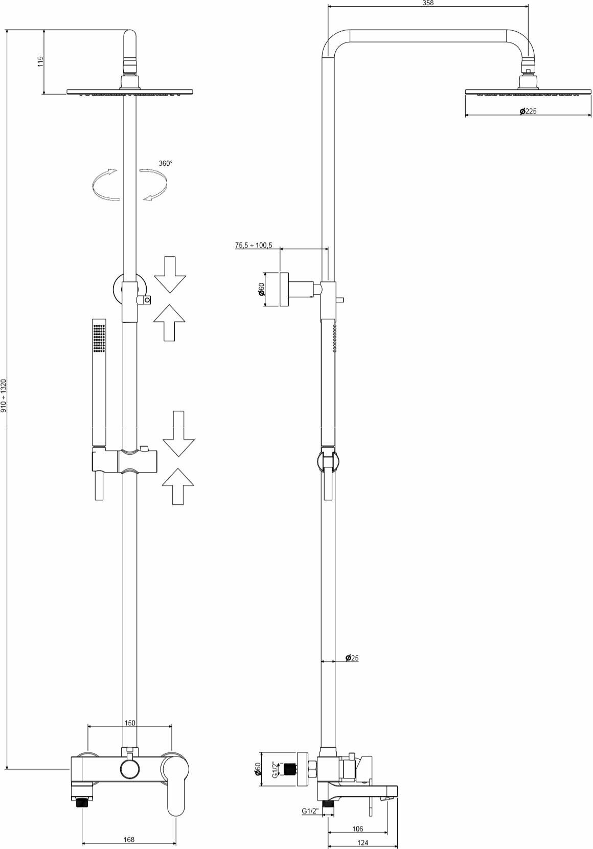 ZCOL632NO Колонна для душа телескопич. Blu излив-дивертор, черный матовый Paffoni (000086)