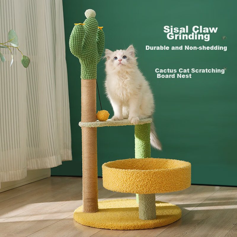 Miaoxianer Cat Tree with Integrated Cat Bed, Multi-Level Platforms, Sisal Scratching Post, Wear-Resistant Cat Scratching Board, Non-Shedding Cactus Cat Toy