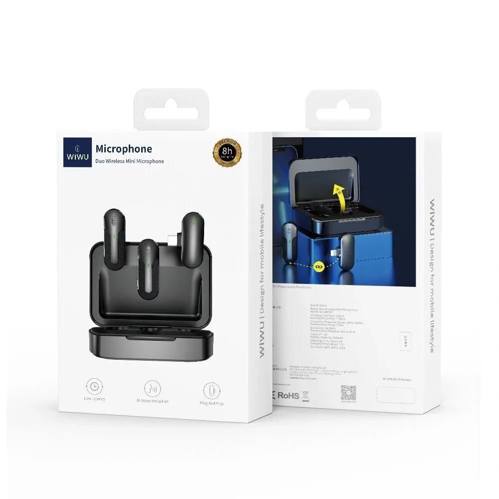Беспроводной петличный микрофон WiWU DUO Wireless Mini Microphone, 2-in-1, Lightning, 2.4Ghz, Черный