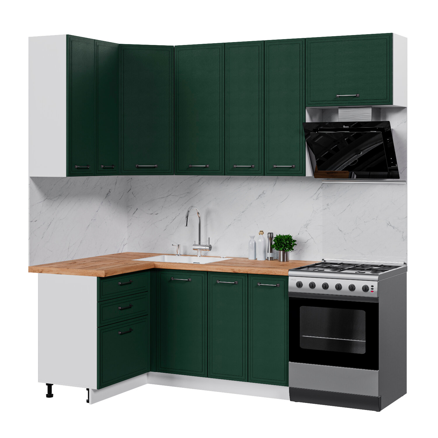 Кухонный гарнитур угловой высокий, без столешницы, Кухня Индира 120х220см h=2370мм, Белый/Сланец