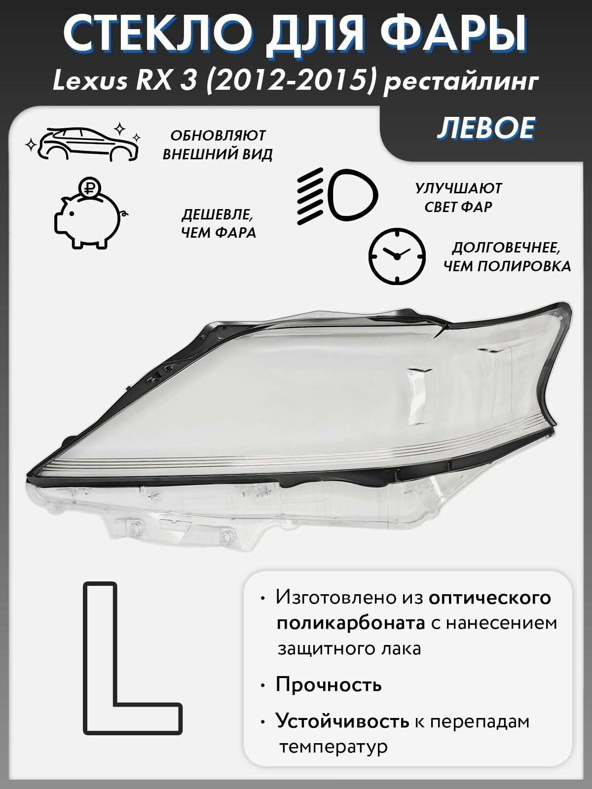 Стекло фары для Lexus RX 3 (2012-2015) рестайлинг левое, поликарбонат 01-040-L
