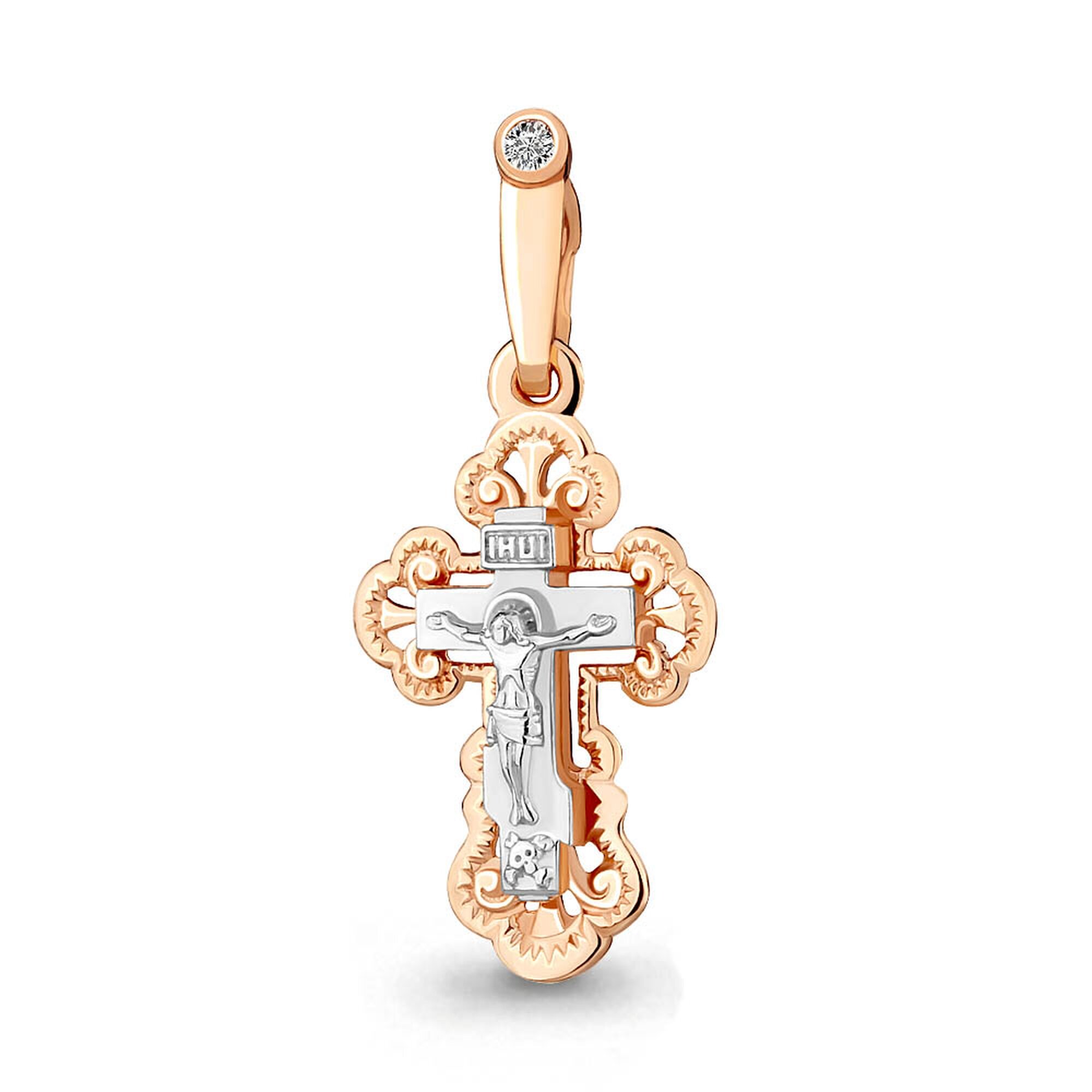 Крестик, красное золото, 585 проба, фианит