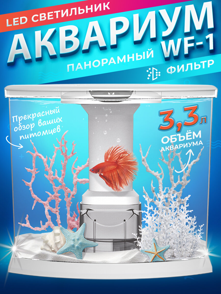Аквариум для рыбок Pawgether WF-1 панорамный 3,3 л, настольный с фильтром и светильником