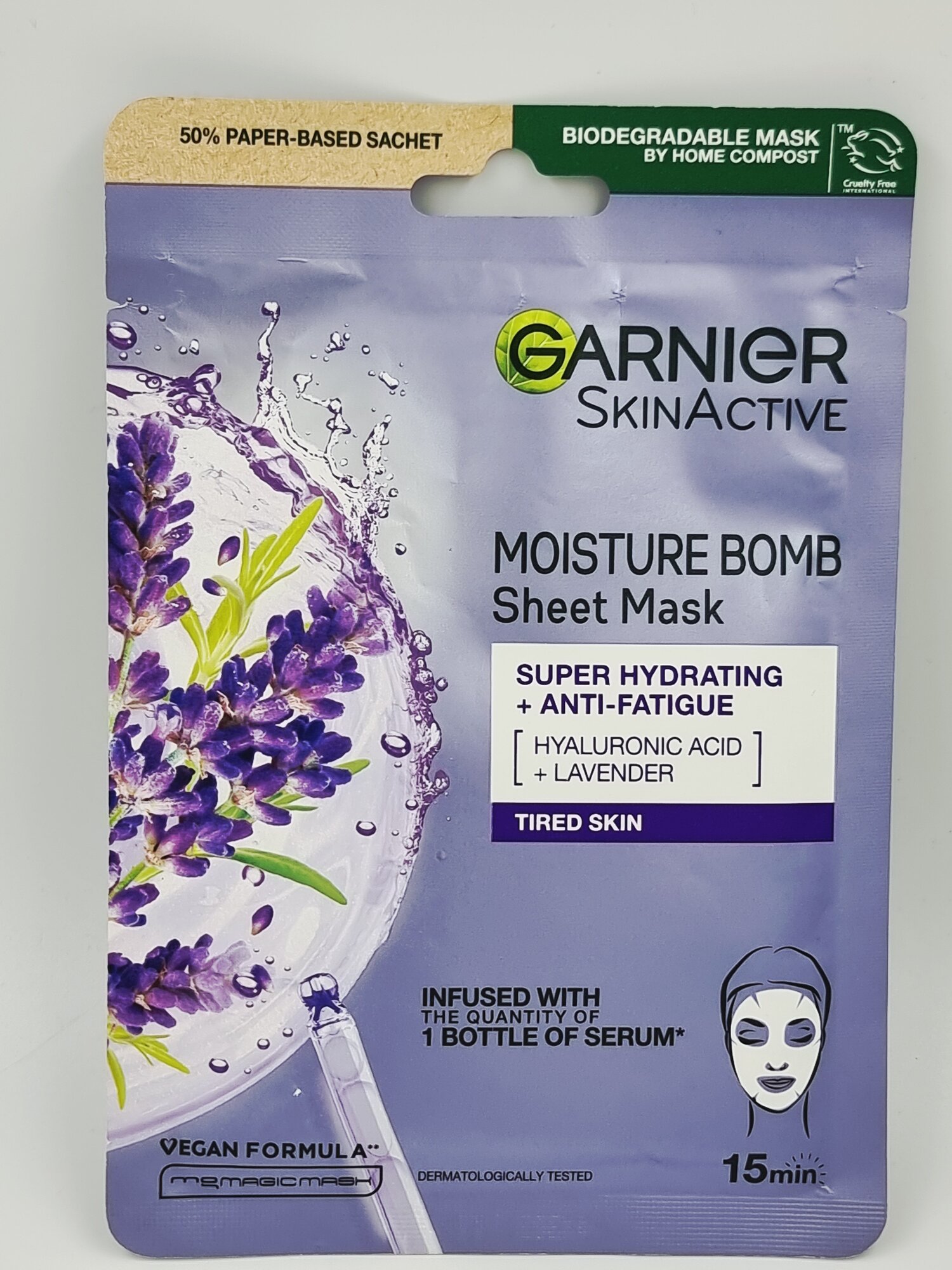 Маска Garnier тканевая для лица с гиалуроновой кислотой и маслом лаванды против усталости, суперувлажнение, 28 г