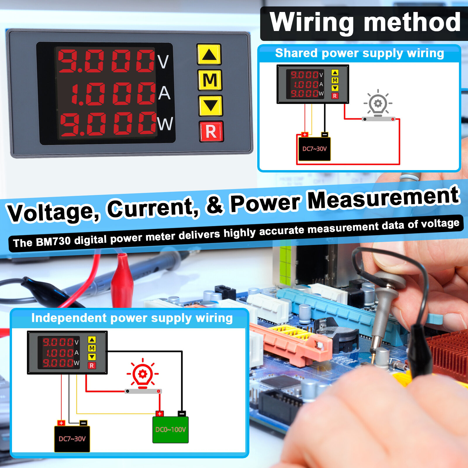 4-значный многофункциональный вольтметр амперметр BM730 3 в 1 цифровой измеритель мощности с зуммером перенапряжения перегрузки по току тонкая регулировка