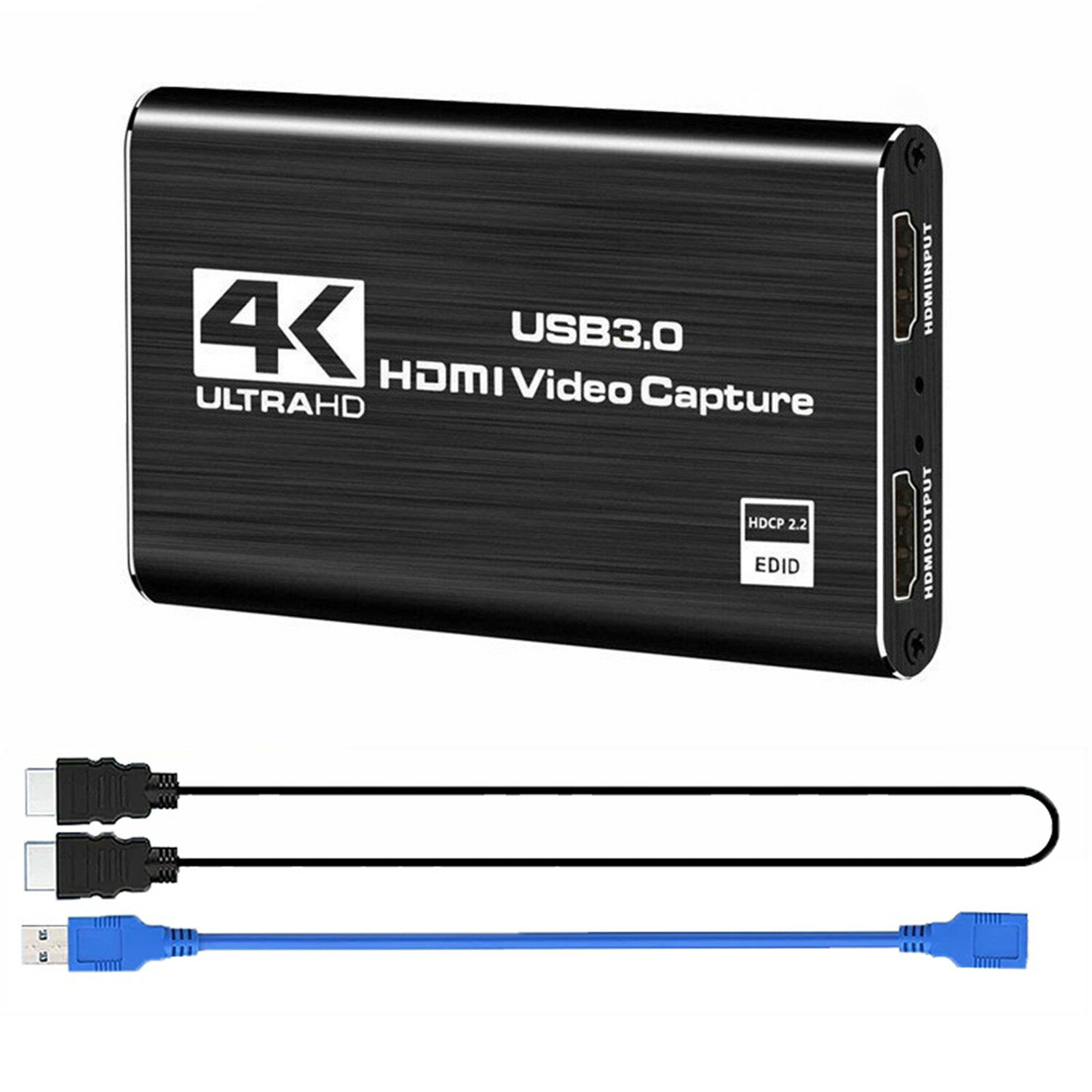 Карта захвата видео HDMI 4K для стриминга, рекордер видео Full HD 1080P 60FPS с аудио для игр, видеоконференций, вещания, USB 3.0, 300-350 МБ/с, совместима с USB 2.0, 40 МБ/с, вход HDMI, выход HDMI, материал алюминиевый сплав, 1 шт. карта захвата, 1 шт.