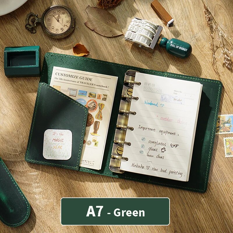 Кожаный блокнот A7 Green с линованной бумагой
