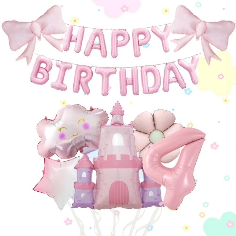 Набор шаров "Happy Birthday" с цифрой 4, розовый