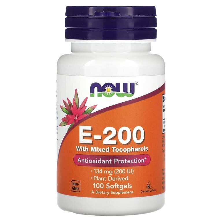 NOW Foods Vitamin E-200, Витамин E-200 со смешанными токоферолами 100 гелевых капсул