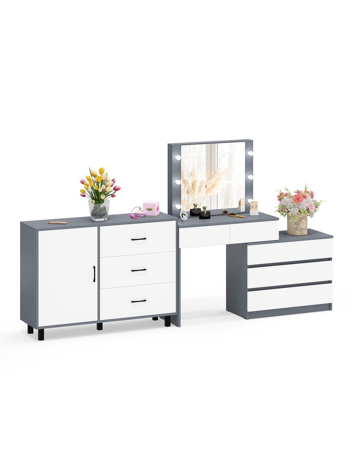 Угловой туалетный столик с подсветкой 110 и тумба-комод дверка и 3 ящика 122-1204, графит/белый, 262,4х40х142,5 см