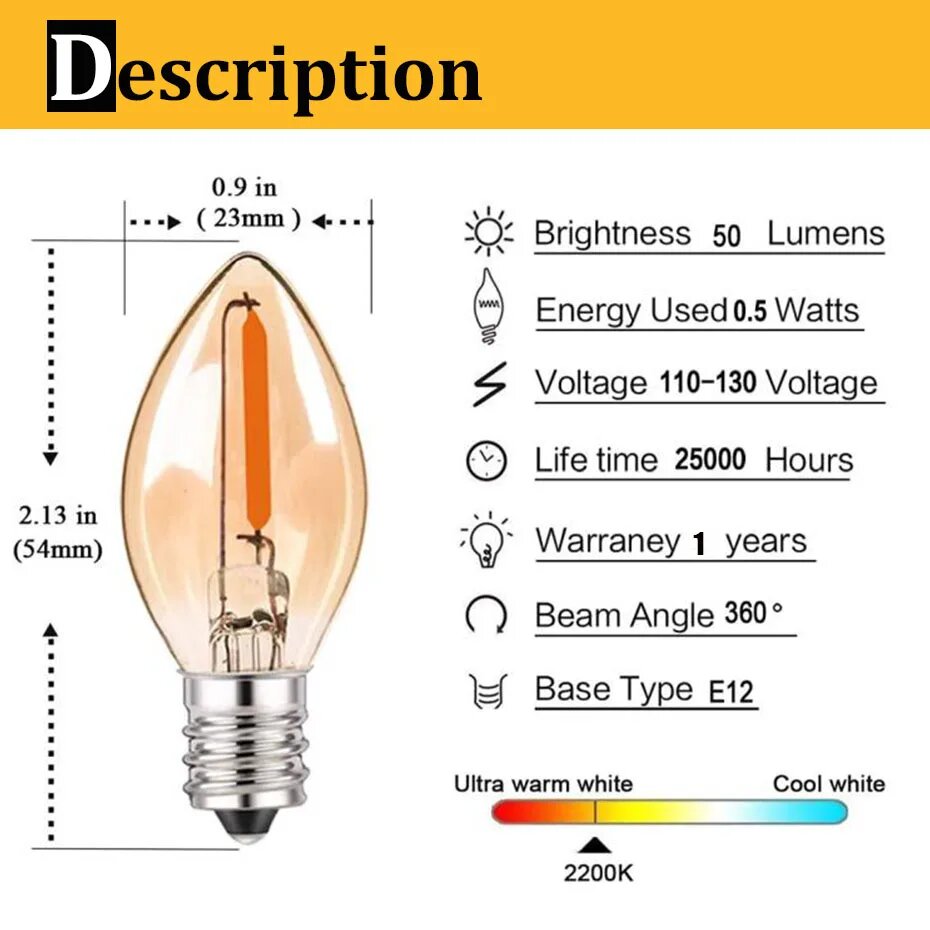 Светодиодная лампа Эдисона Genixgreen 220В C7G 0.5W E12E14, 220V