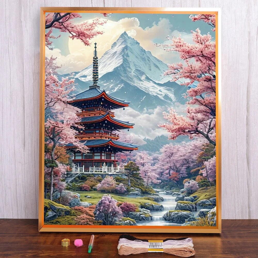 Набор для вышивки крестом "Пейзаж, японская пагода" 30x40cm, 11CT Cotton Thread
