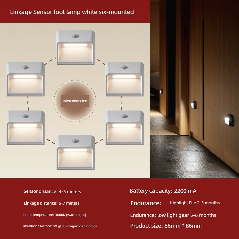 Беспроводной светодиодный ночник с датчиком движения для лестницы — белый, набор из шести, связанный режим,