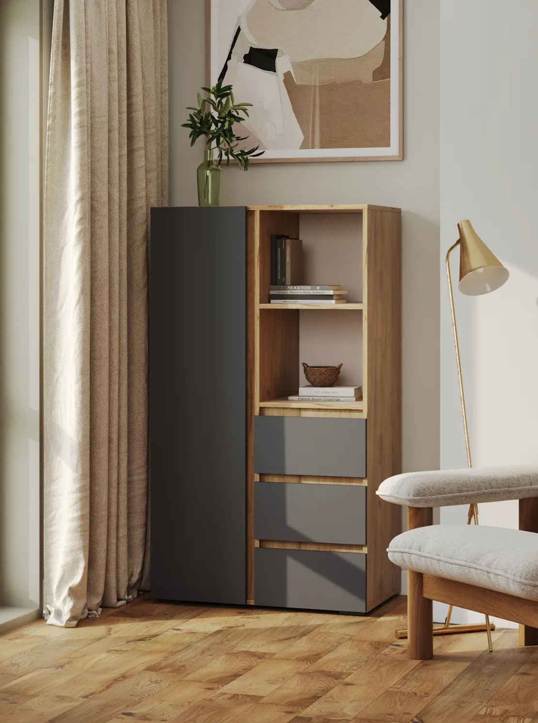 Шкаф-стеллаж Хелен ШК-03, графит, с открытыми полками — компактный и универсальный шкаф для дома