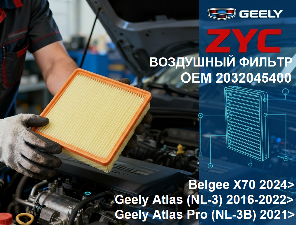 Воздушный фильтр ZYC для Джили Атлас Geely Atlas (NL-3)> Geely Atlas Pro (NL-3B) 2021> Belgee X70 2024> 2032045400