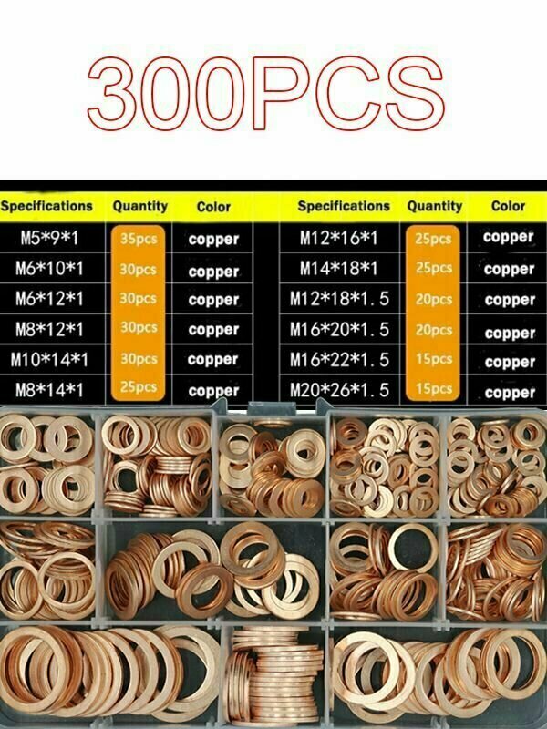Набор медных шайб, медные уплотнительные кольца набор, 300 шт