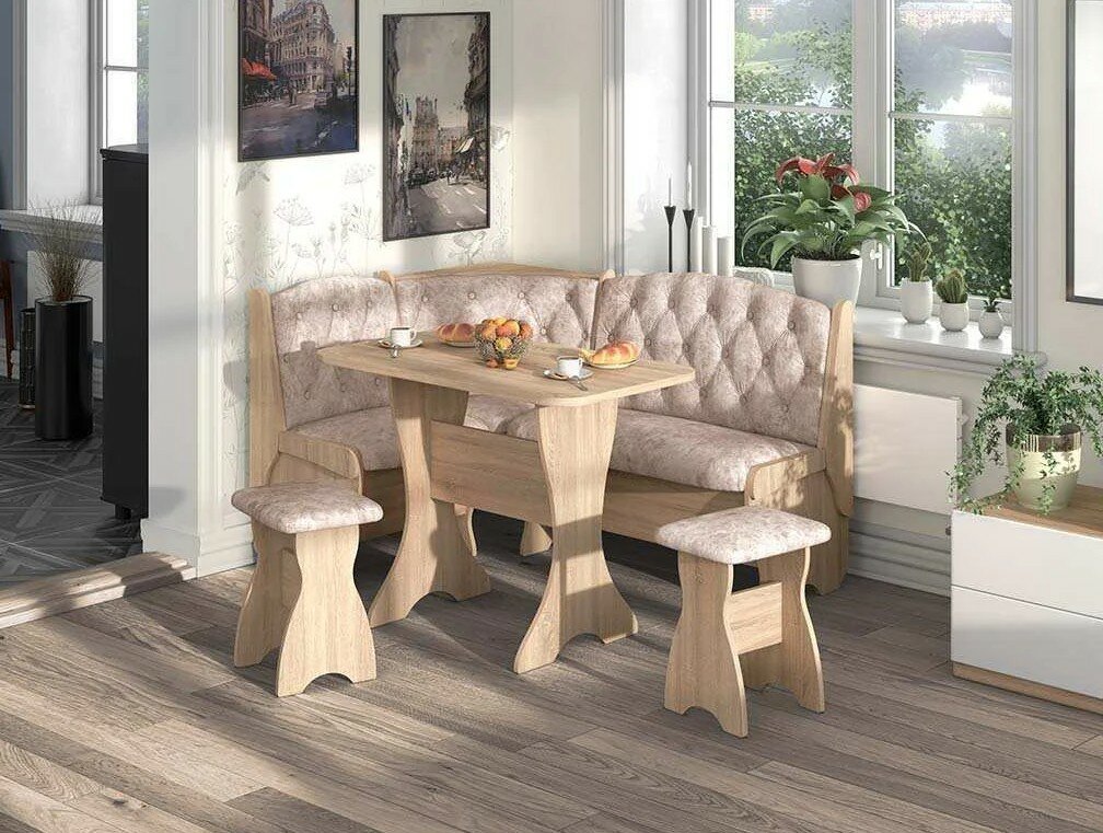 Кухонный угловой набор Орхидея Люкс, ЛДСП дуб сонома, обивка велюр латте