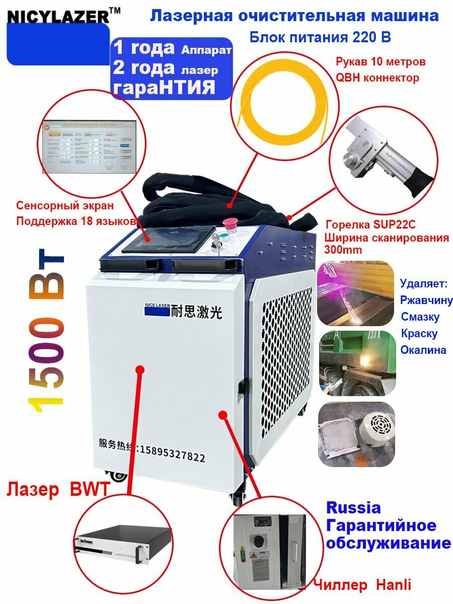 Ручной волоконный лазерный очиститель 1500 Вт. Удаление ржавчины, краски, масла. Лазер BWT.