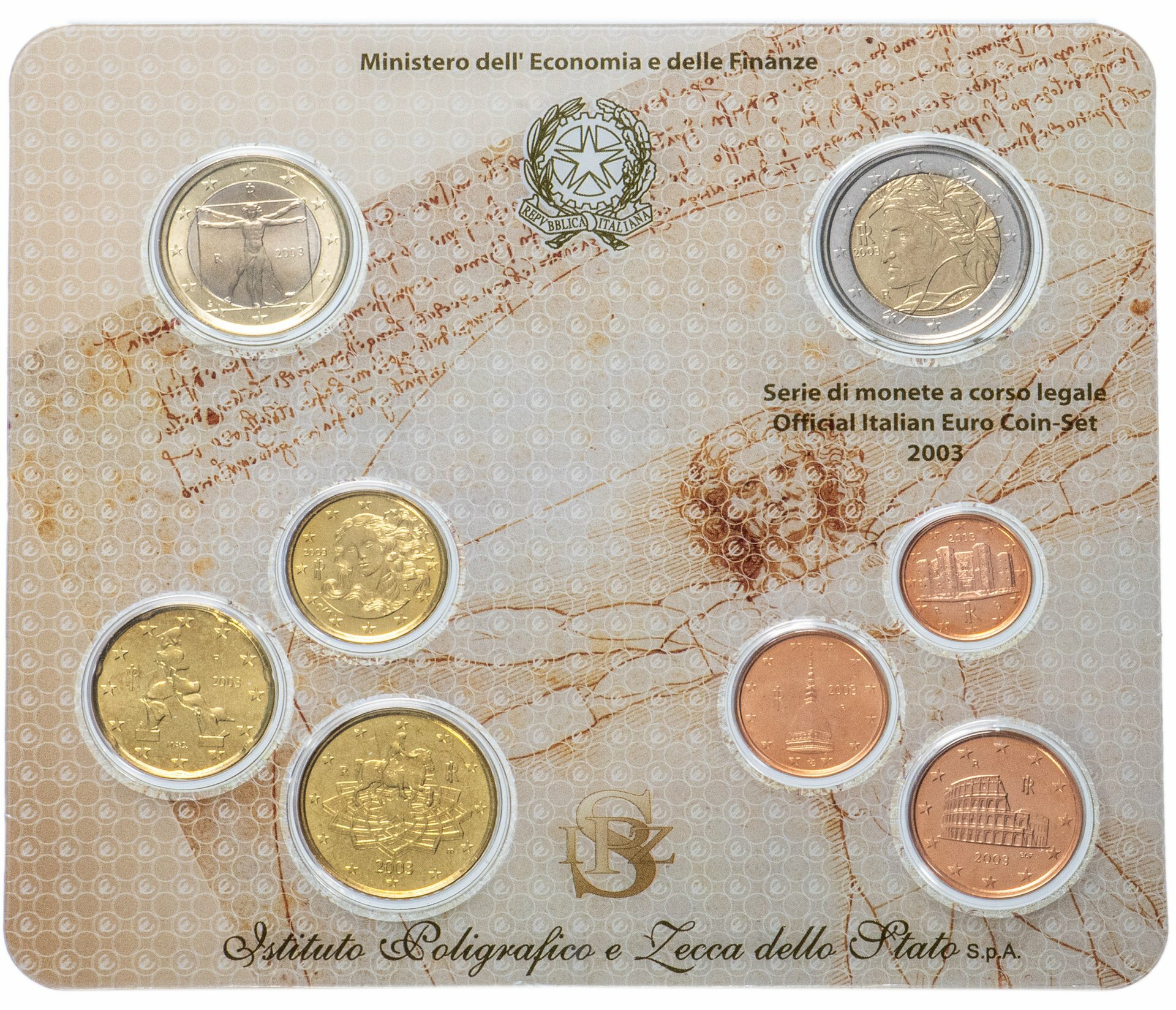 Италия 2003 официальный годовой набор евро из 8 монет в буклете, Биметалл, нордик, сталь с медным покрытием, в сохранности UNC