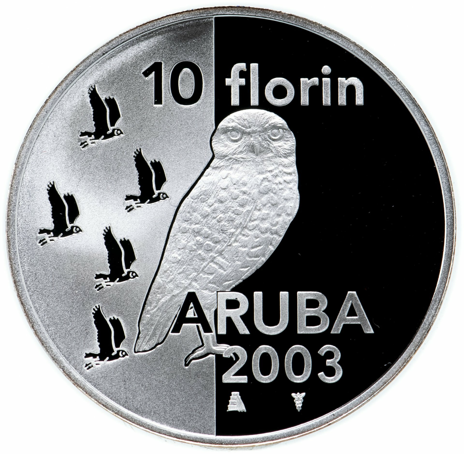 Аруба 10 флоринов 2003 "Сова", Серебро 925, в сохранности Proof