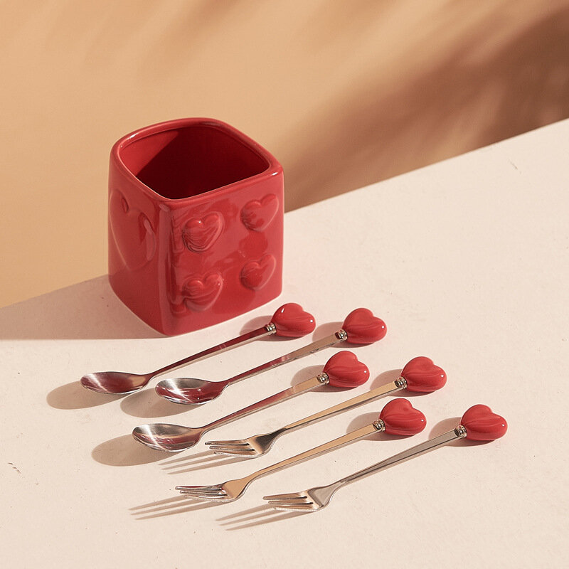 Набор керамических вилок для фруктов в форме сердца, изысканный для послеобеденного чая, отеля, ресторана, высокая эстетика, декоративная банка для хранения фруктов