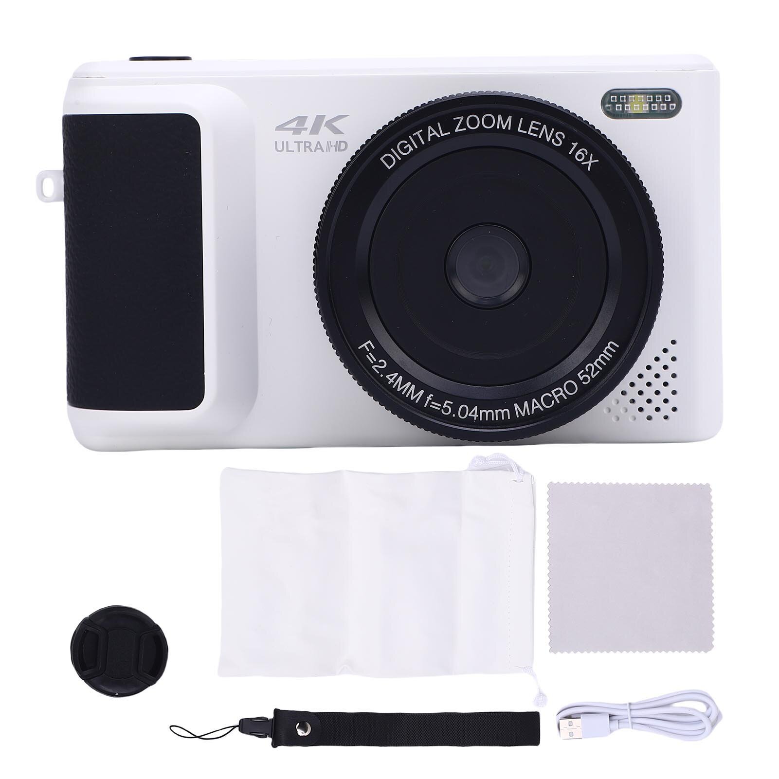 Цифровая камера 4K для фотографии 64 -мегапиксельная HD AutoFocus 16x Digital Zoom Retro без зеркала видеокамеры с флип -экраном для путешествий белый