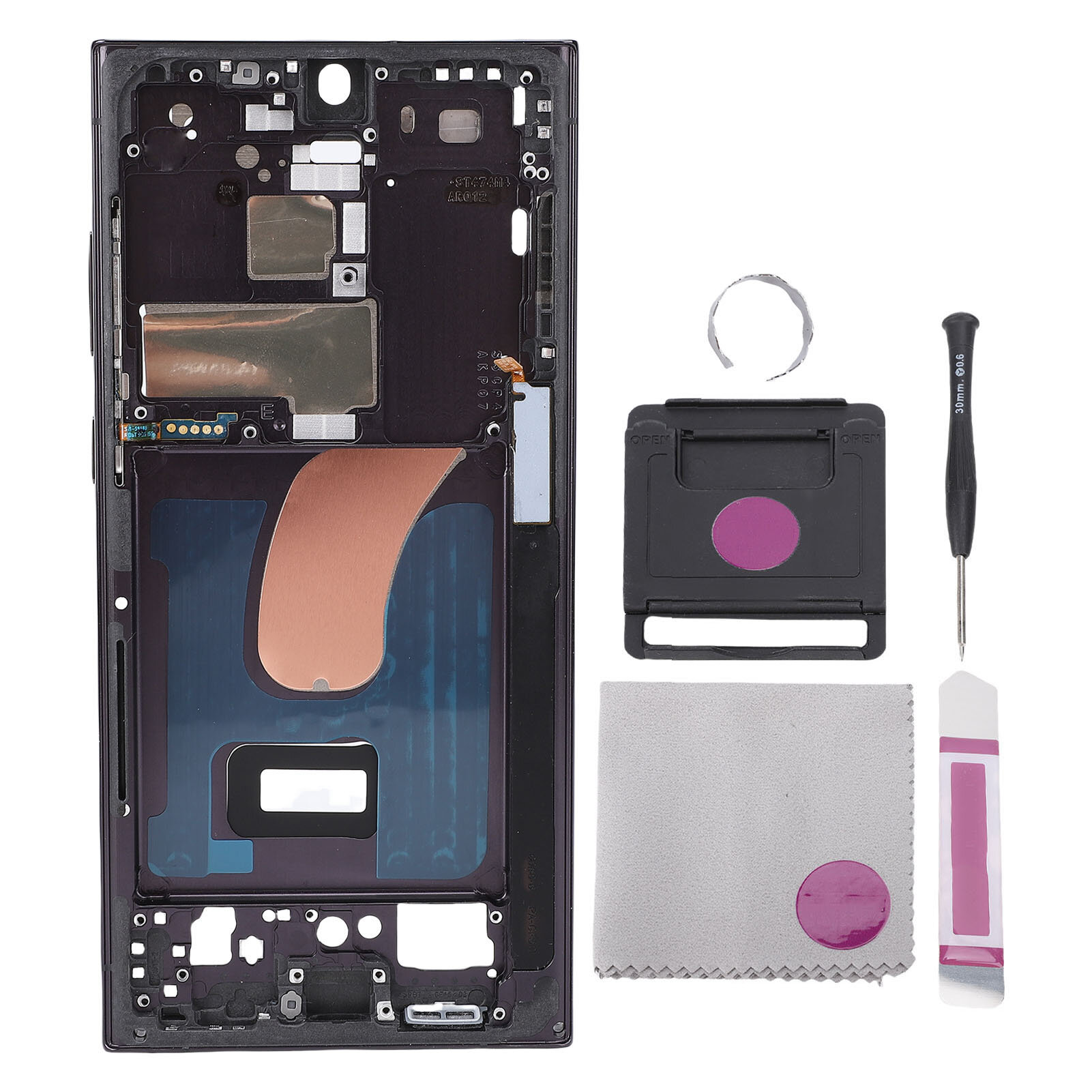 Запасная рамка для телефона Galaxy S23 Ultra 5G черного цвета с инструментами для бесшовной установки.