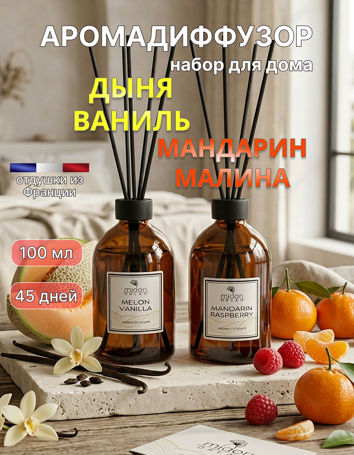 Набор диффузоров c для дома Midori DREAM 2 шт, Мандарин-Малина и Дыня-Ваниль
