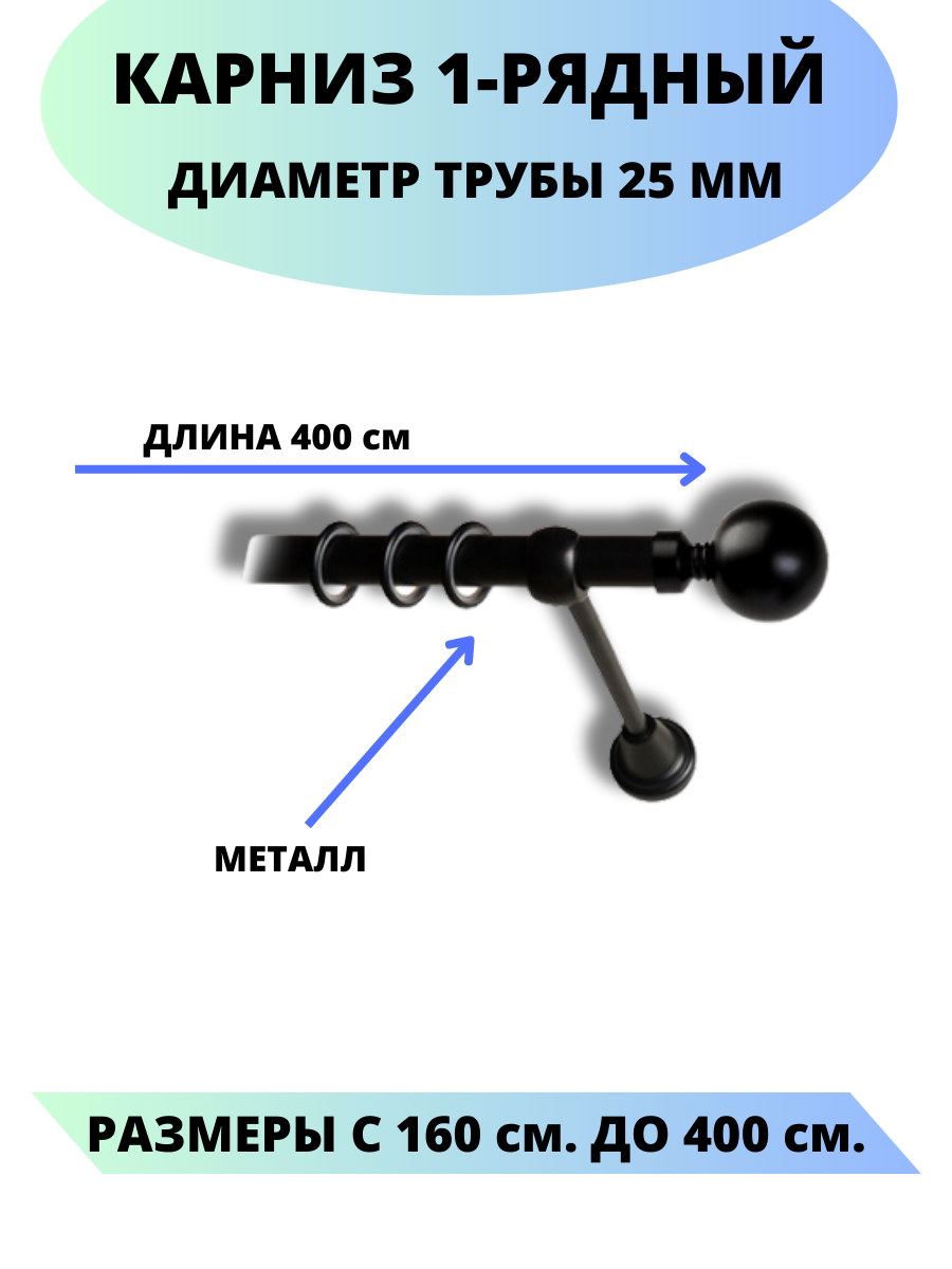 Карниз металлический Стамбул, 1-рядный, гладкий, D-25 мм, цвет черный, 4,0 м.