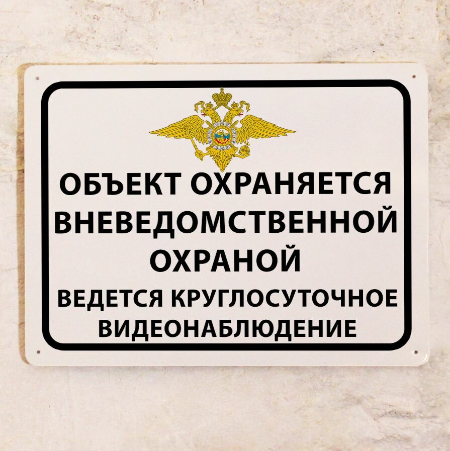 Металлическая табличка Объект охраняется вневедомственной охраной, ведется круглосуточное видеонаблюдение, металл, 20х30 см.