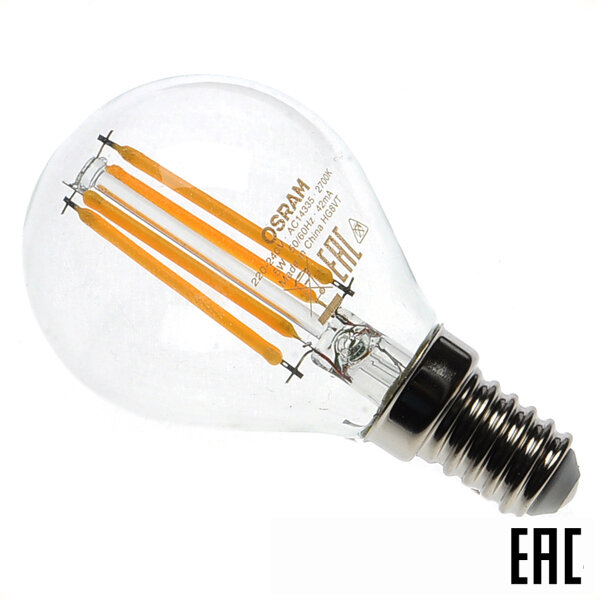 Лампа филаментная светодиодная OSRAM 5Вт 230В Е14 600Лм 2700K "шарик" теплый белый свет OSRAM (2 шт. в комплекте)