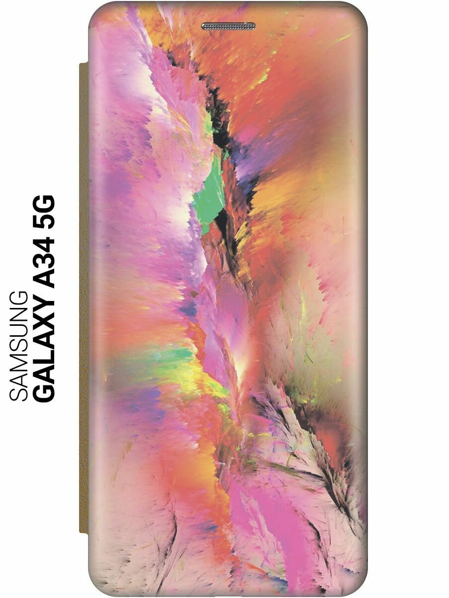 Чехол-книжка на Samsung Galaxy A34 5G, Самсунг А34 c принтом "Красочный разлом" золотистый