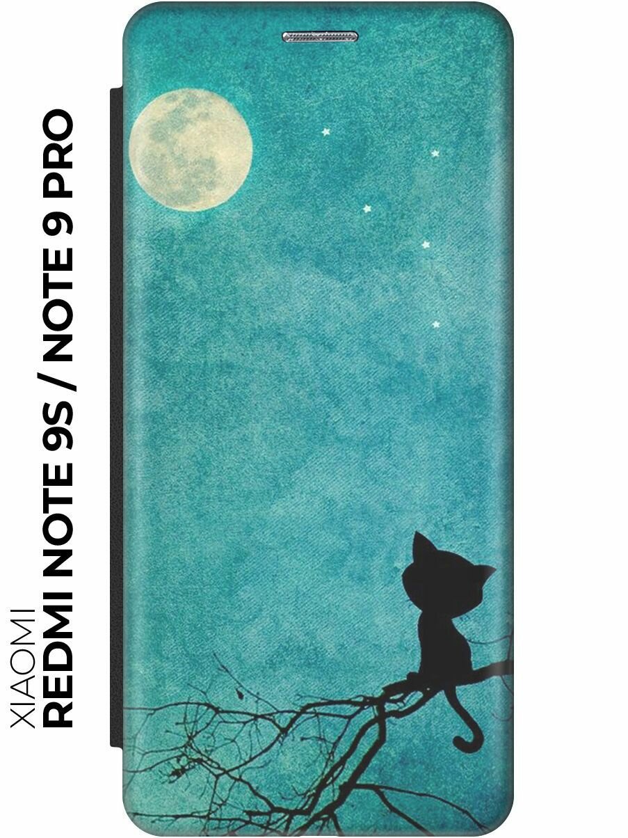 Чехол-книжка Котенок и луна на Xiaomi Redmi Note 9s / Note 9 Pro / Сяоми Редми Ноут 9с / Ноут 9 Про черный