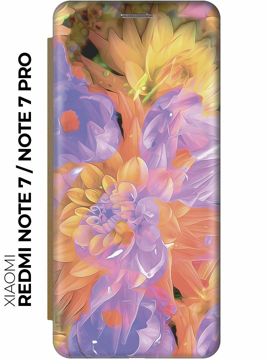 Чехол-книжка Желто-фиолетовые хризантемы на Xiaomi Redmi Note 7 / Note 7 Pro / Сяоми Редми Ноут 7 / Ноут 7 Про золотой