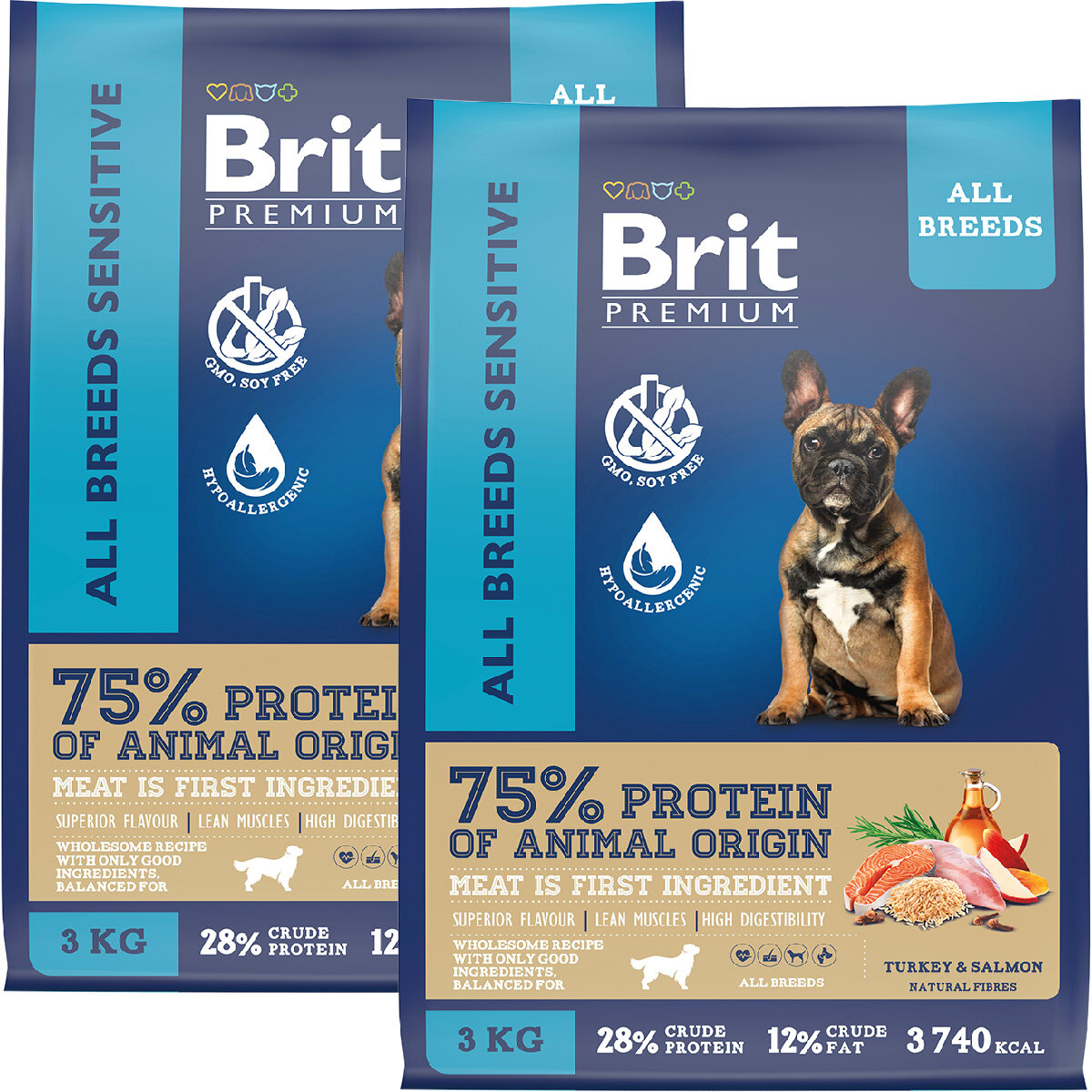 BRIT PREMIUM DOG ADULT SENSITIVE для взрослых собак всех пород с чувствительным пищеварением с лососем и индейкой (3 + 3 кг)